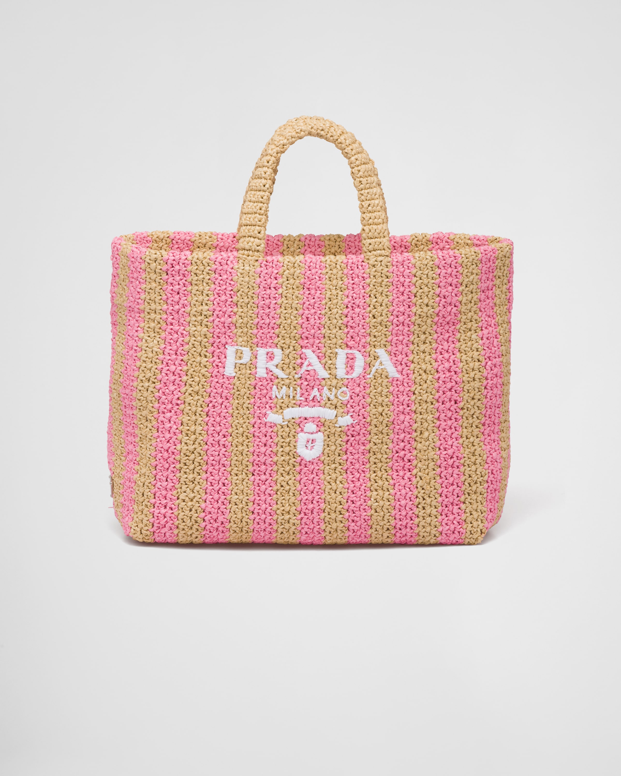 Prada Large Crochet Tote Bag - Tan/Petal Pink | Editorialist